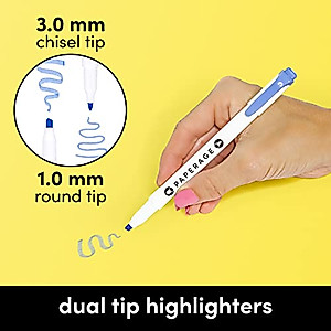 PAPERAGE Dual Tip Highlighters (3.0mm Chisel Tip + 1.0mm Round Tip), Pastel, 12 Pack Dual Tip Brush Pen Set for Highlighting Notes, Drawing, Hand-Lettering, Pens Highlight Markers Journaling and More