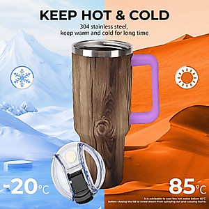 WYUSPGK 40oz Stainless Steel Car Mug, Wood Grain Print Travel Mug, Double-Wall Insulated with Straw, Perfect for Car, Office, Outdoor