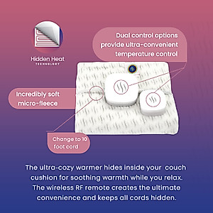 Hidden Heat Electric Couch Cushion Warmer by Spotwarm; Wireless RF Remote, Microplush Flannel Heated Seat or Single User Bed Warmer 17” by 20”