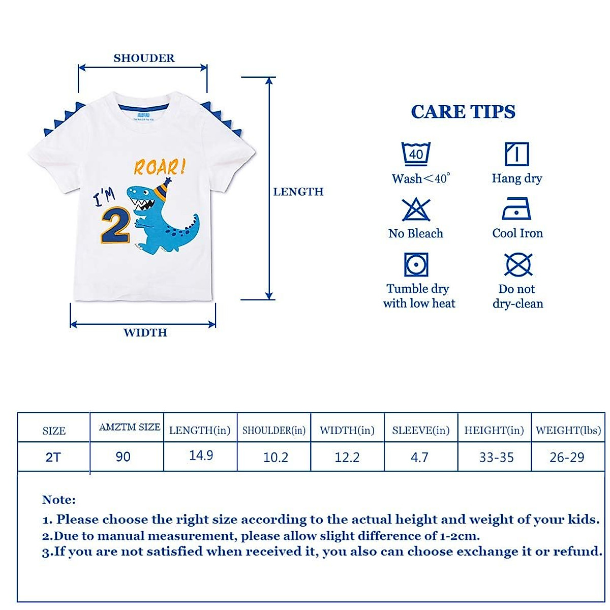 Dinosaur Birthday T Shirt - 2nd Birthday Party Supplies Toddler Boys Gift Short Sleeve White T-Shirt 100% Cotton Crew Neck T-Rex Printed Embroidery Graphic Top Tee