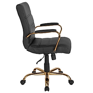 Merrick Lane Milano Contemporary Mid-Back Black Faux Leather Home Office Chair with Padded Gold Arms