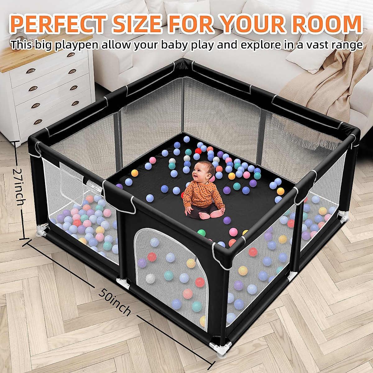 Suposeu Baby Playpen, Sturdy and Safety Playard with Soft Breathable Mesh, Indoor and Outdoor Baby Fence, Portable Playpen for Babies and Toddlers, Black