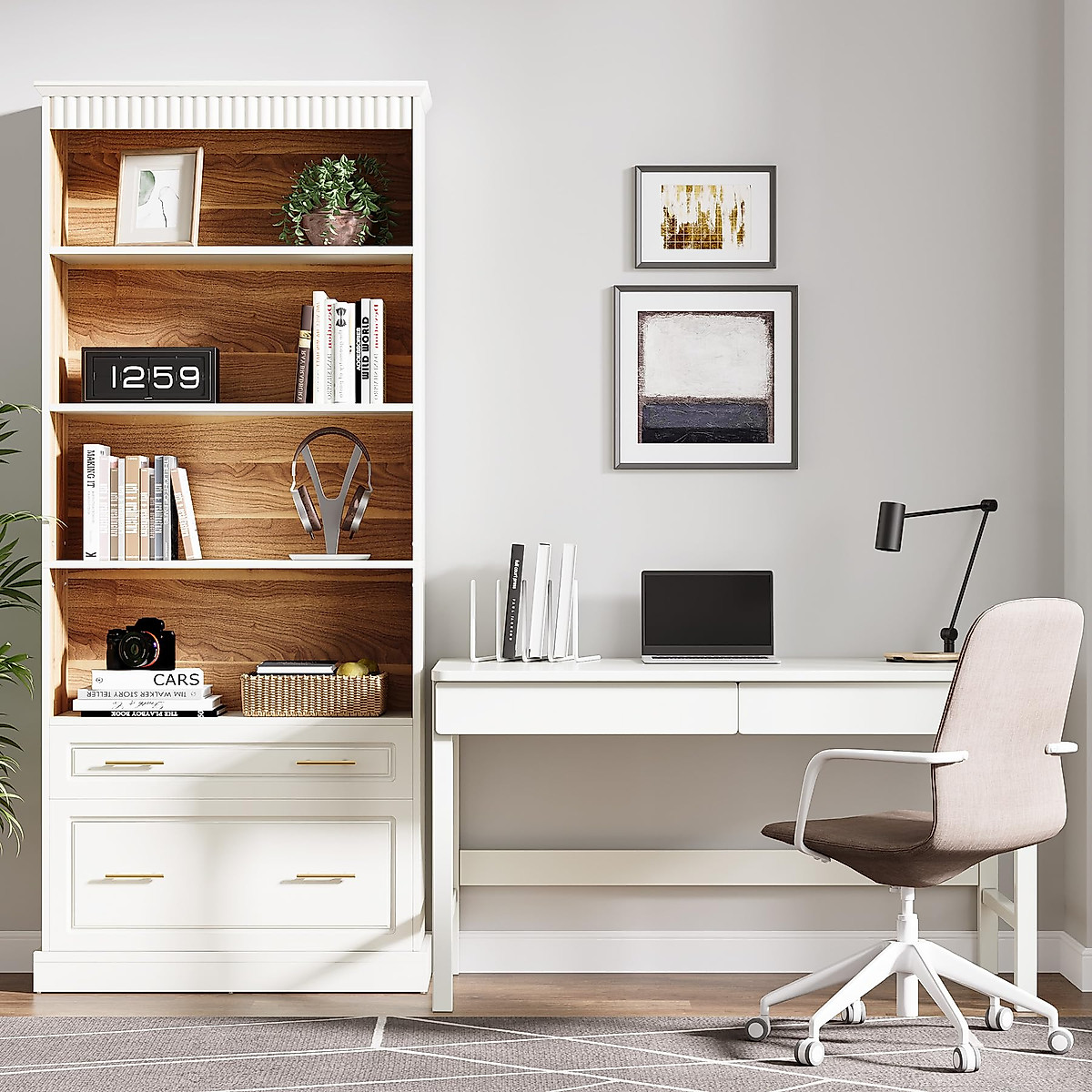 Tribesigns 5-Shelf Bookcase with File Cabinet Drawer, 72" Tall White Bookshelf, Modern Free-Standing Wood Bookcase, Large Open Display Storage Book Shelf for Living Room, Home Office, White & Oak