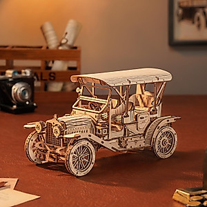 ROBOTIME MC801 Vintage Car 3D Puzzle, 3D Wooden Puzzle Retro Car Model Kits to Build for Adults, Gift for Antique Car Lovers Aesthetic Home Decor