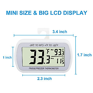Waterproof Refrigerator Fridge Thermometer, Digital Freezer Room Thermometer , Max/Min Record Function Large LCD Screen and Magnetic Back for Kitchen, Home, Restaurants (2 Pack)