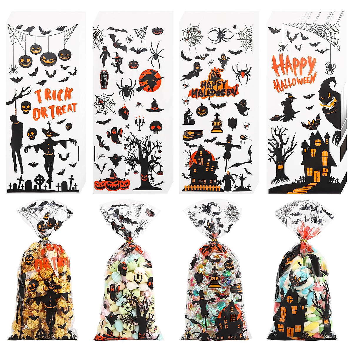 GURVOCY 100PCS Halloween Cellophane Treat Bags with 100pcs Twists, Halloween Goodie bags Candy bags for Snacks Popcorn Cookies Halloween Party Supplies