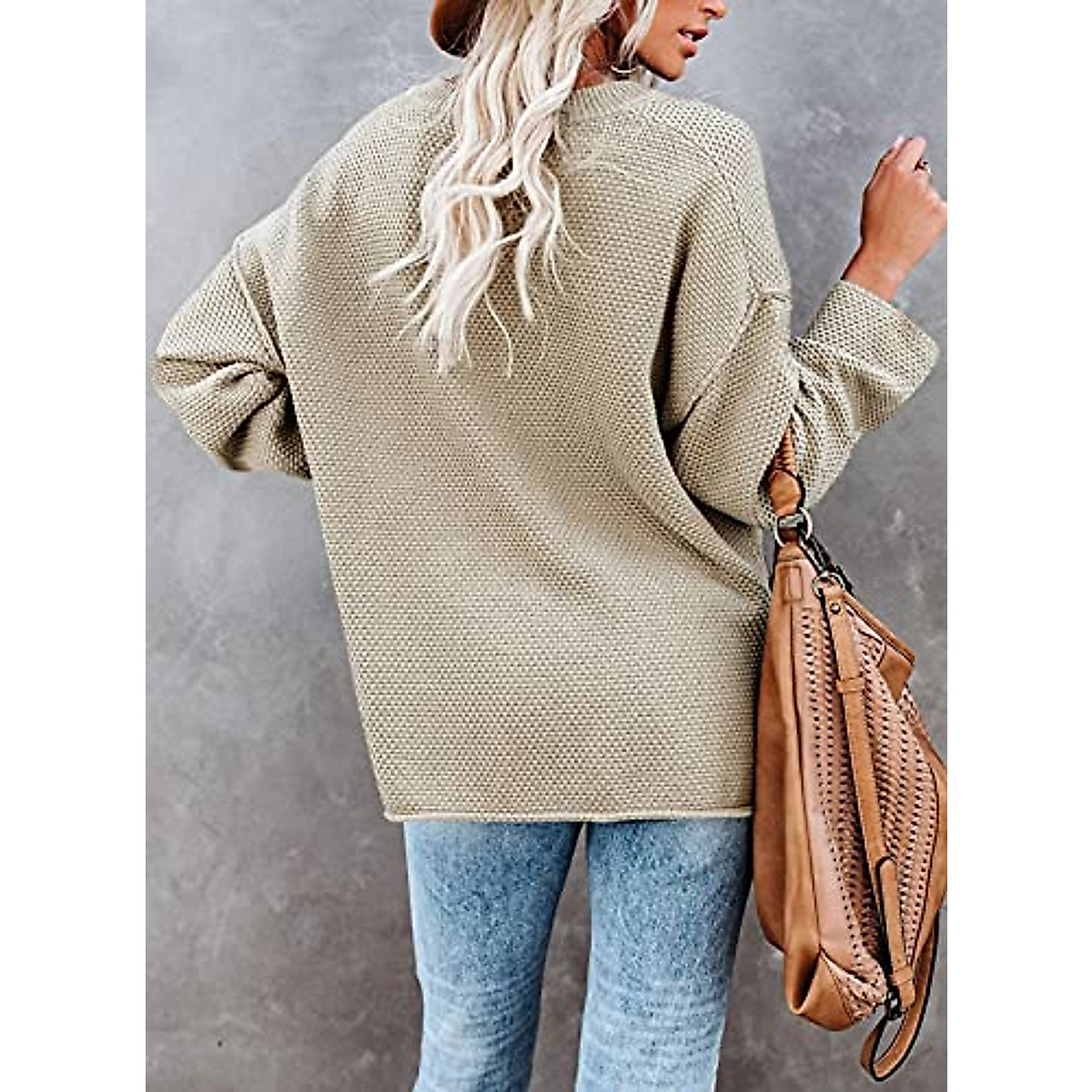 SHEWIN Sweaters for Women Trendy Waffle Knit Long Sleeve Button V Neck Loose Tops,(US 18-20) 2XL,Khaki