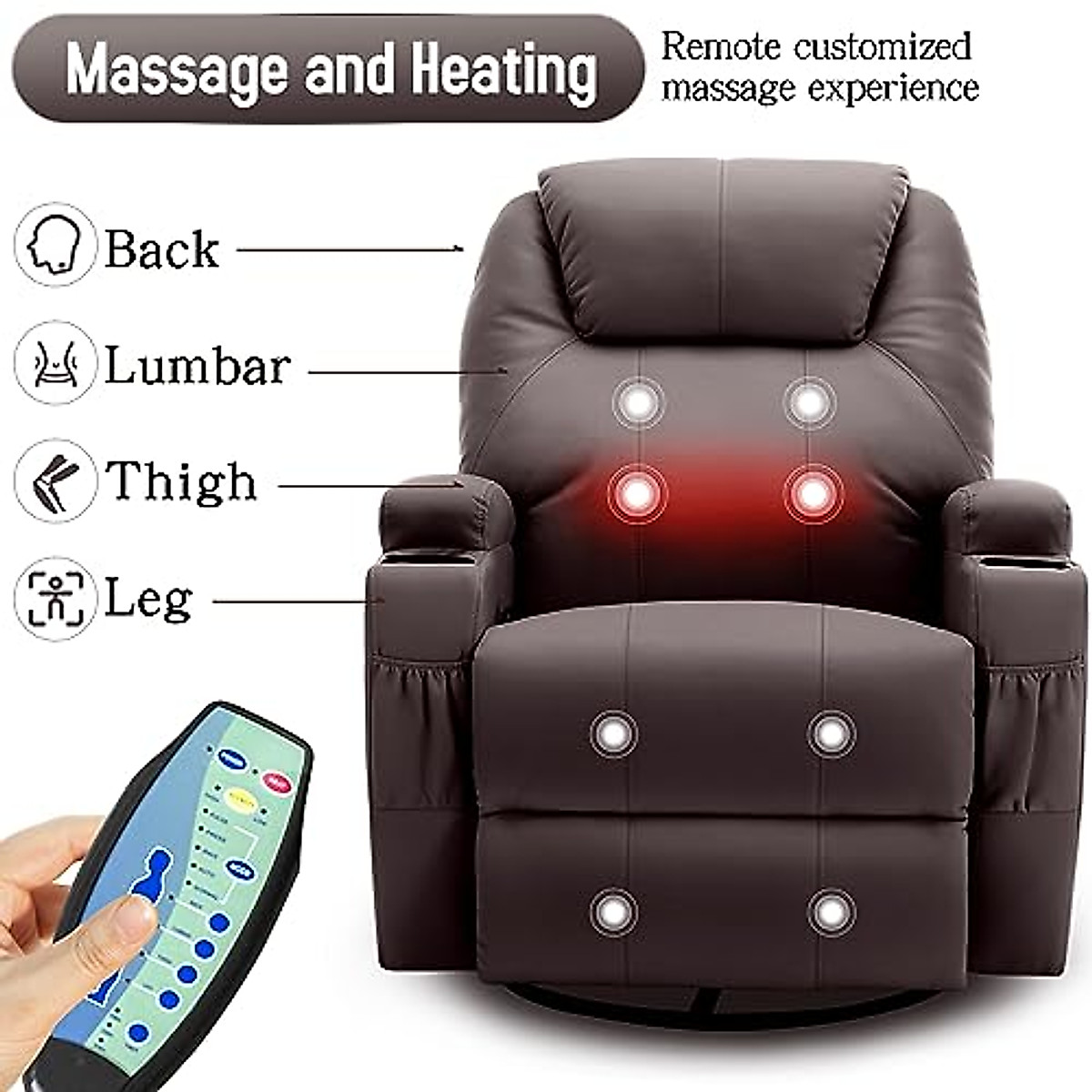 Korser Recliner Chair, Rocking Chair with Massage and Heat, 360° Swivel Recliner Chairs for Adults, Rocker Manual Recliner with Remote Control and Cup Holder for Living Room, Bedroom, Nursery
