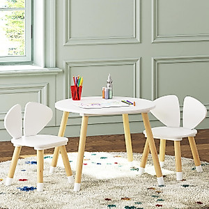 UTEX Kids Table and Chair Set, Toddler Table with Elephant Ear Chairs, 3 Pieces Kids Round Table for Toddlers, Girls, Boys,White