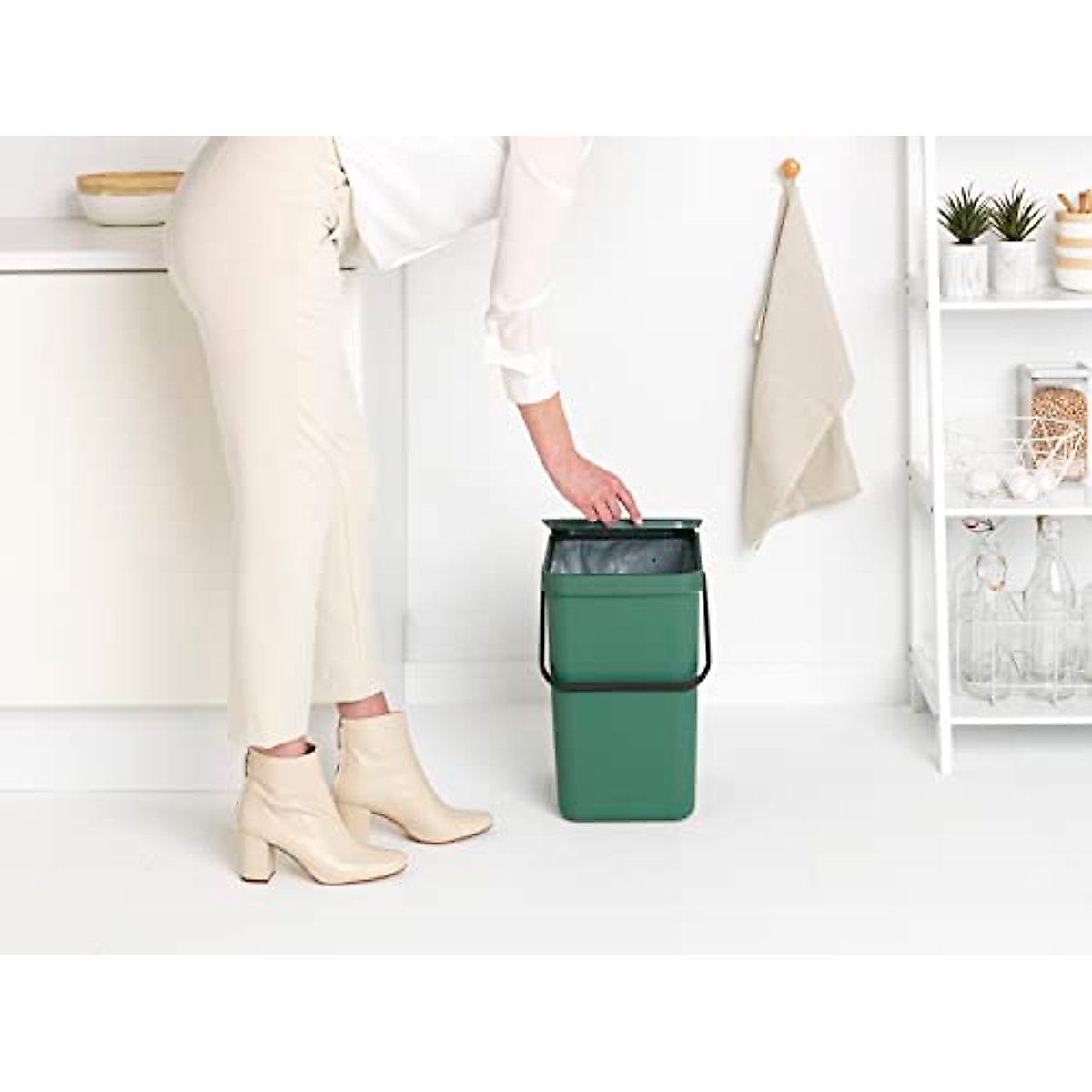 Brabantia Sort & Go Kitchen Recycling / Garbage Trash Can (6.6 Gal / Fir Green) Stackable Refuse Organiser with Handle & Removable Lid, Easy Clean, PerfectFit Bags Included