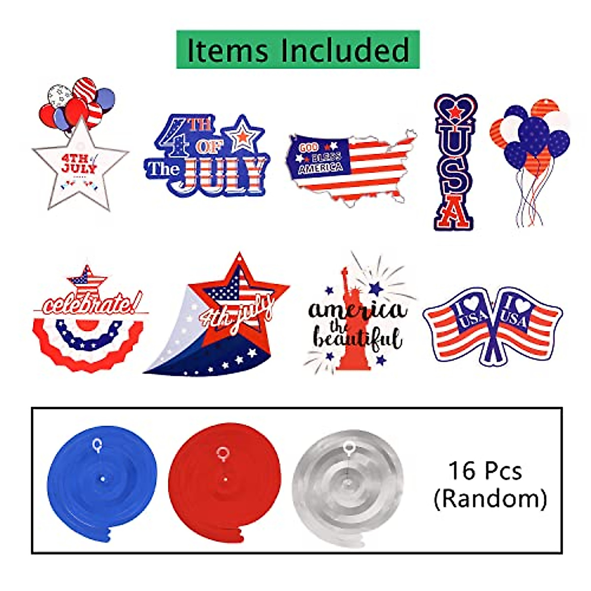 18PCS 4th/Fourth of July Decorations Set, Red White Blue Paper Banner, USA Flag Pennant, Hanging Swirls Party Decor Supplies