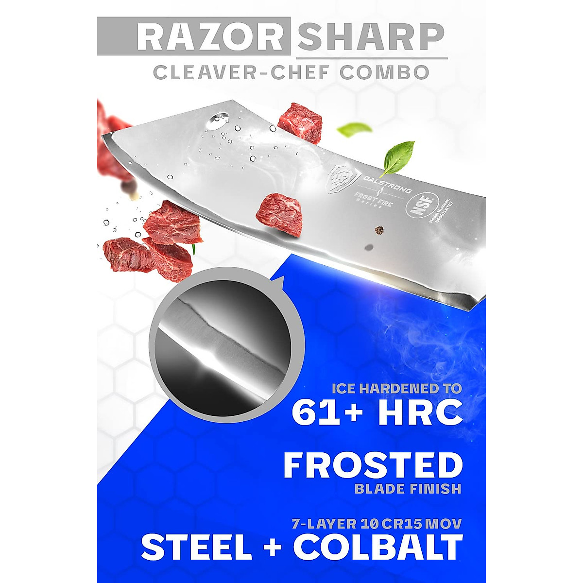 Dalstrong Cleaver & Chef Knife - 8"-Giftable'Crixus'-Frost Fire Series - High Chromium Steel-Frosted Sandblast Finish - White Handle - Leather Sheath - NSF Certified