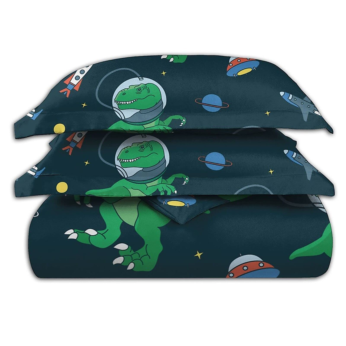 Dinosaurs Spaceship Duvet Cover Twin Size Comforter Cover Soft Bedding Sets 3 Piece with 2 Pillow Shams for Boy Gril
