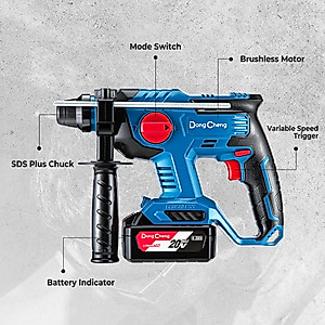 DongCheng 20V Max Cordless Rotary Hammer Drill, 7/8" SDS-Plus, 4 Application Modes, Brushless, 2.1 Joules, Cordless Demolition Hammer for Concrete, Including 4.0Ah Battery and Charger, 4 Drill Bits