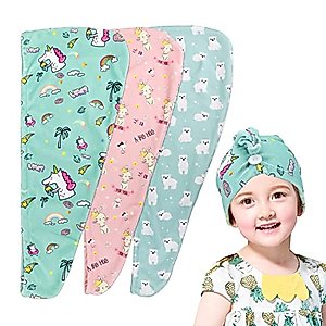 FAISOTY 3Pcs Microfiber Hair Towel for Kids, Quickly Drying Hair Towel with Button Using for Wet Hair Drying for Kids/Girls/Women
