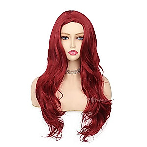 Tseses Red Wigs Long Curly Wavy Wigs for Women Side Part Natural Looking Cosplay Halloween Synthetic Fiber Wig (Red)