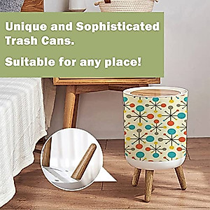Small Trash Can with Lid Mid century fifties modern atomic retro colors seamless Part of Wood Legs Press Cover Garbage Bin Round Simple Human Waste Bin Wastebasket for Kitchen Bathroom Office