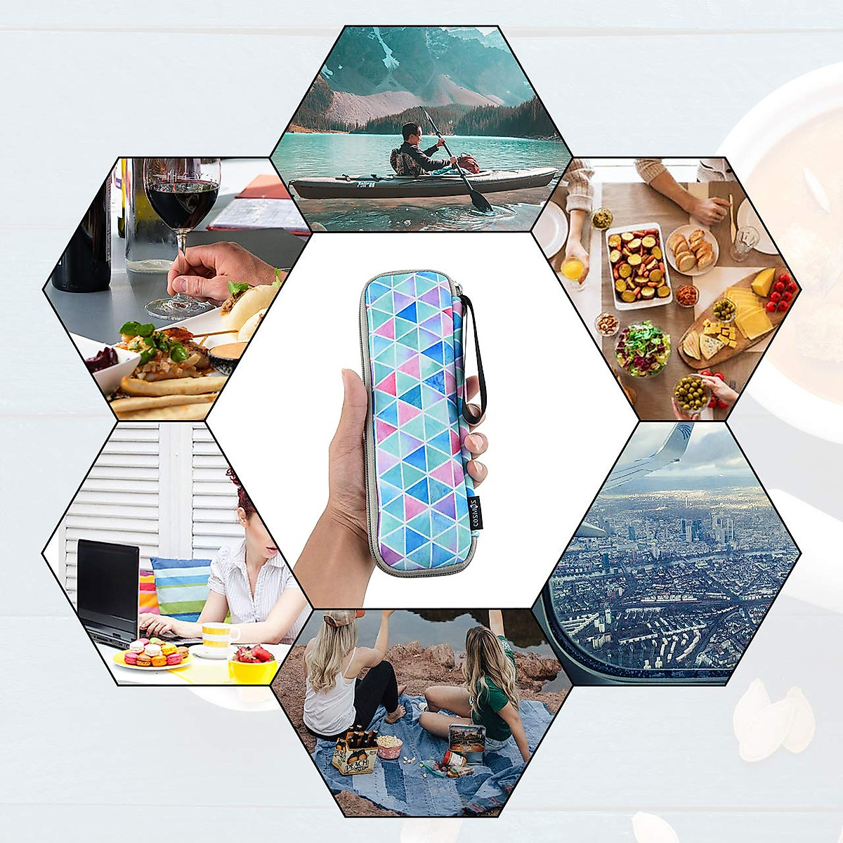 CM Reusable Portable Travel Tableware Carrying Bag Storage Case Cutlery Flatware Organziers for Straw Spoon Fork Chopsticks Utensil Holder (Fade in Blue Triangle Pattern)