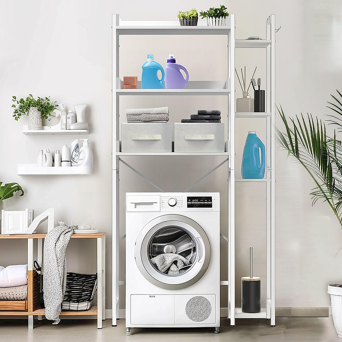 LWADALN Over The Toilet Storage Shelf, 7-Tier Bathroom Organizer Shelf, Freestanding Space Saver Storage Shelf with Two Fabric Drawers & Adjustable Feet, Toilet Rack for Bathroom, Restroom, Laundry