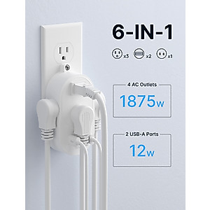 JSAUX Multi Plug Outlet Extender with USB [4AC+2USB-A]+ USB-C Cable 3A Fast Charging [3Pack, 10ft+6.6ft+3.3ft]