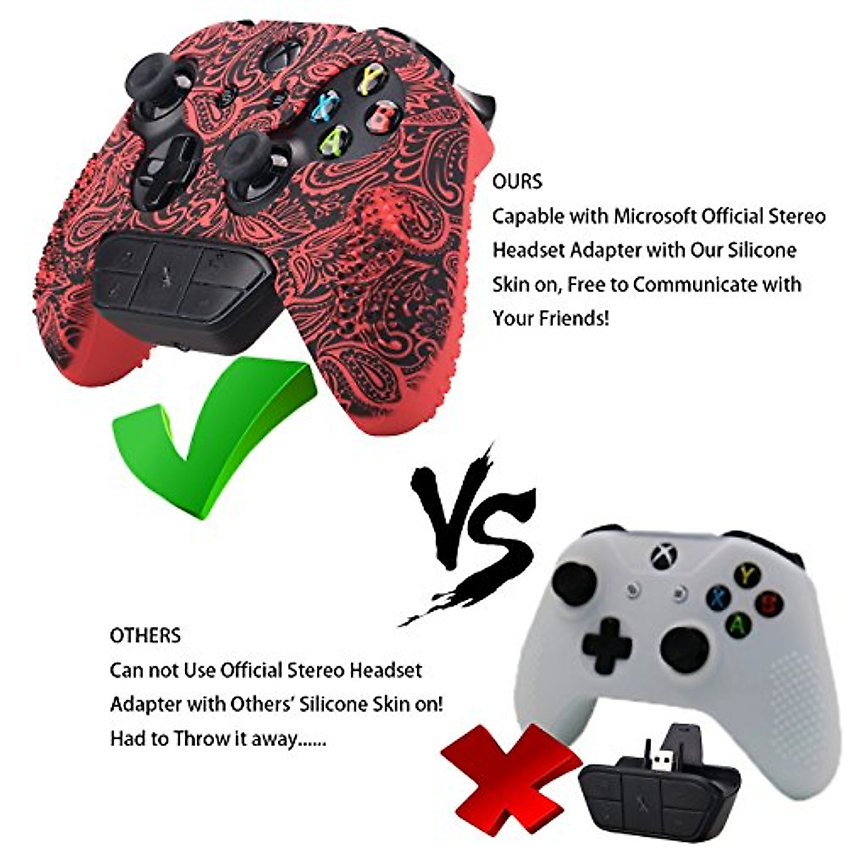 9CDeer Studded Protective Customize Transfer Printing Silicone Cover Skin Sleeve Case + 8 Thumb Grips Analog Caps for Xbox One/S/X Controller Leaves Red Compatible with Official Stereo Headset