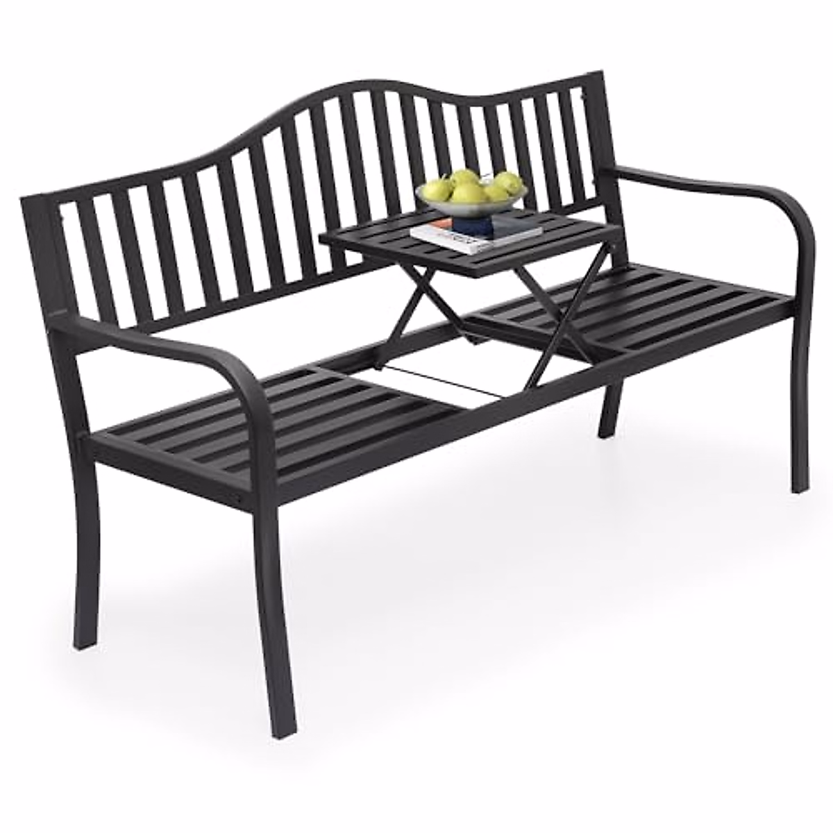 Athena Collection Patio Garden Bench with Pullout Middle Table Garden Bench with Back Metal Slatted Bench with Armrest Outdoor Bench Chair Patio Furniture for Porch, Park, Garden, Farmhouse, Black