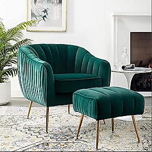 Altrobene Velvet Accent Chair with Ottoman, Modern Tufted Barrel Chair Ottoman Set for Living Room Bedroom, Golden Finished, Christmas Green