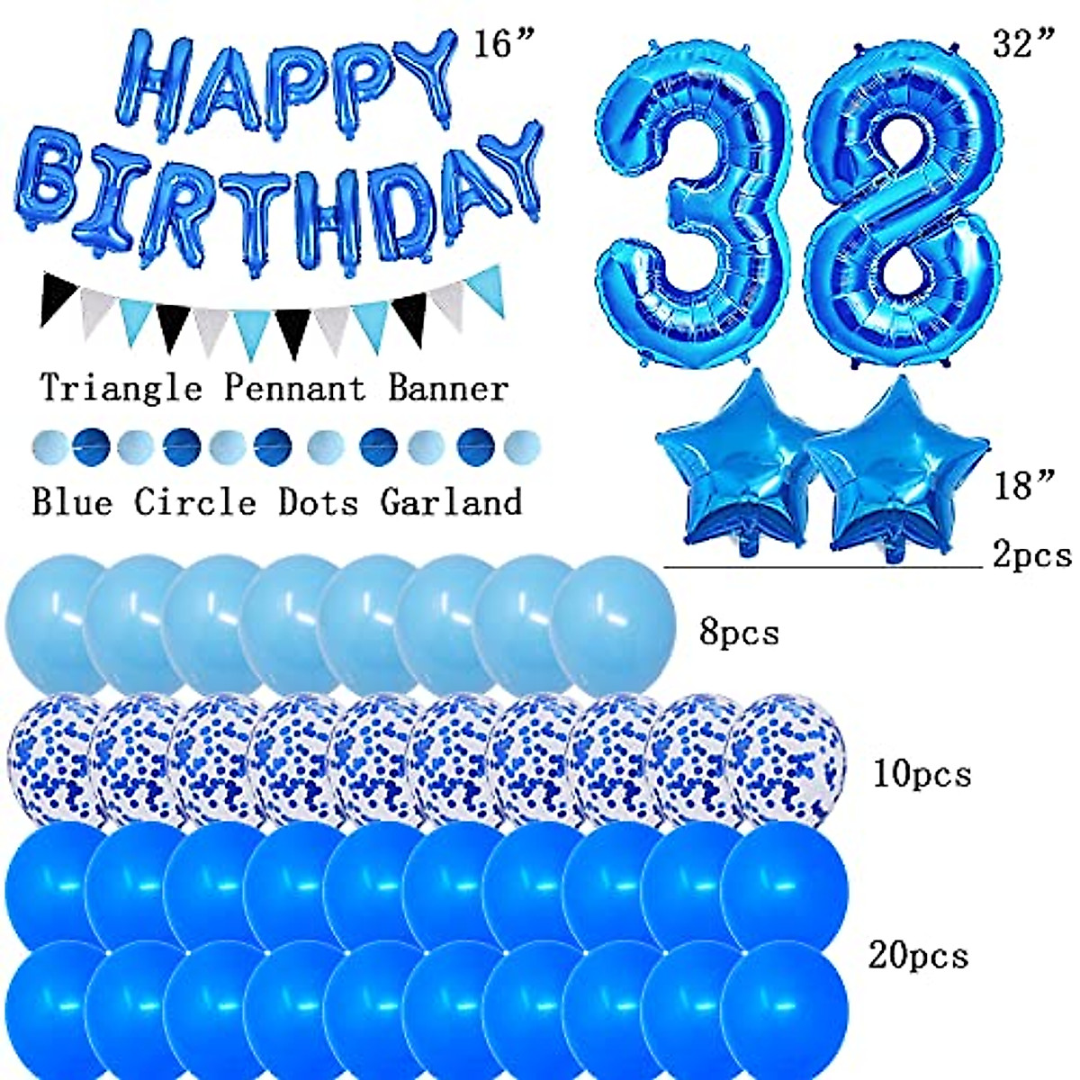 Succris 38TH Blue Theme for 38 Years Old Birthday Party Supplies Blue Happy Birthday Banner Blue Circle Dots Garland Paper Hanging Triangle Flag Banner Confetti balloons Number 38 Blue