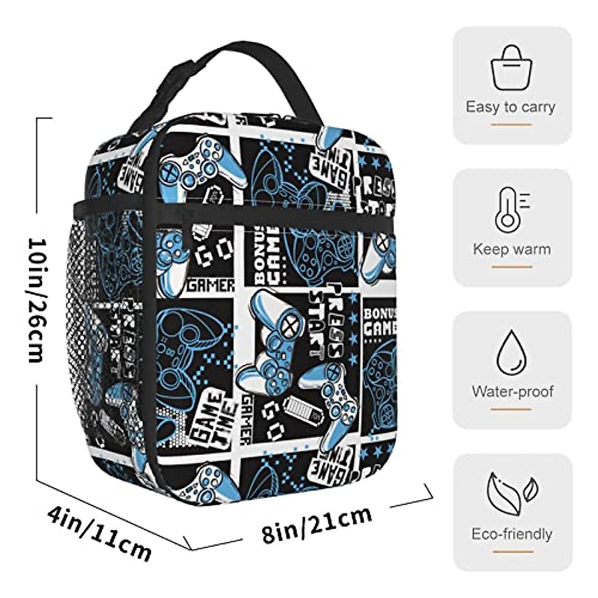 ProLeiBao Insulated Lunch Box Boys Portable Game Lunch Bag Blue Waterproof Lunchbox with Detachable Handle for School Travel Picnic Hiking Beach (Game)