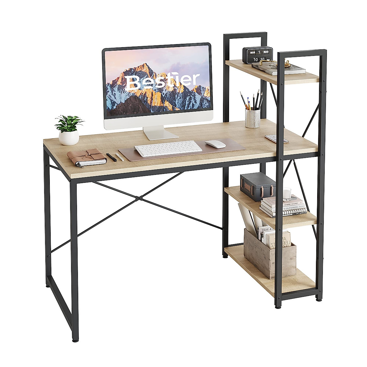 Bestier 47 Inch Computer Desk with Adjustable Shelves, Simple Writing Desk with Reversible Bookshelf and Metal Legs for Home Office and Studio, Oak