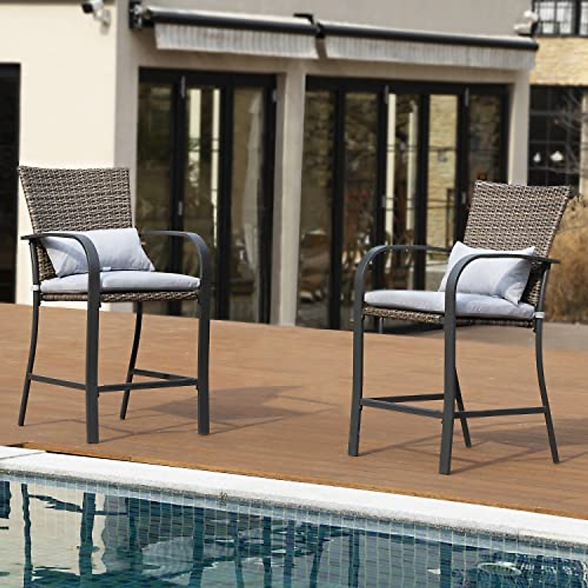 Olmia Outdoor Bar Stools Set 0f 2, 2 PC Wicker Bar Stools Rattan Patio Bar Stools with Gray Cushions and Pillows, Brown Outside Bar Rattan Counter Stools with Foot-Rest - Steel Frame