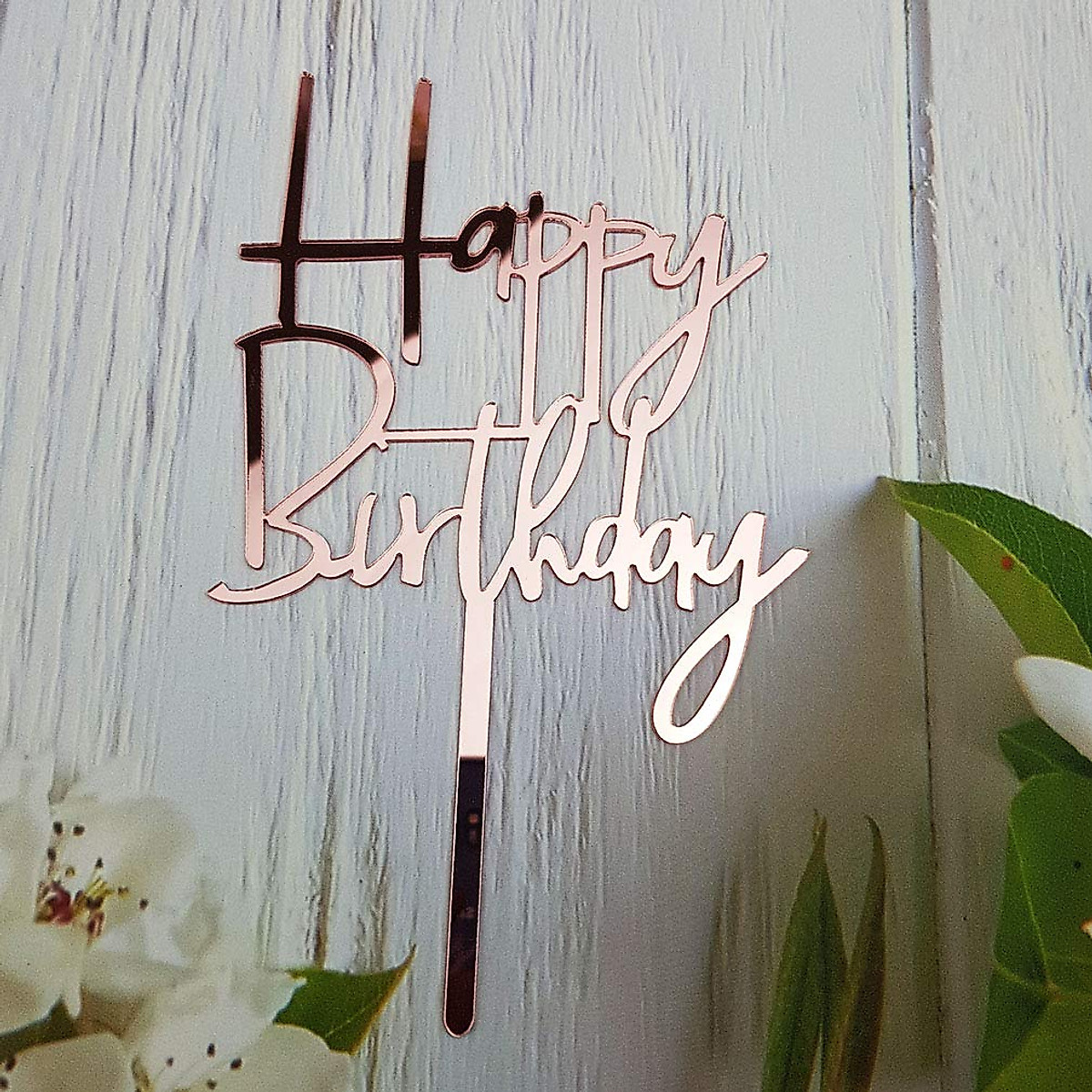 Happy Birthday Cake Topper for Birthday Party Decorations (Mirror Rose Gold Acrylic)