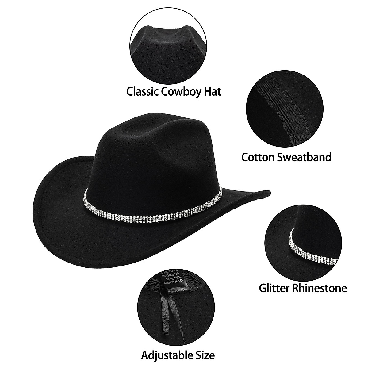 INOGIH Classic Black Western Felt Roll-Up-Brim Cowboy-Hat for Women Men - Bling Cowgirl-Hat Felt Fedora for Disco Parties