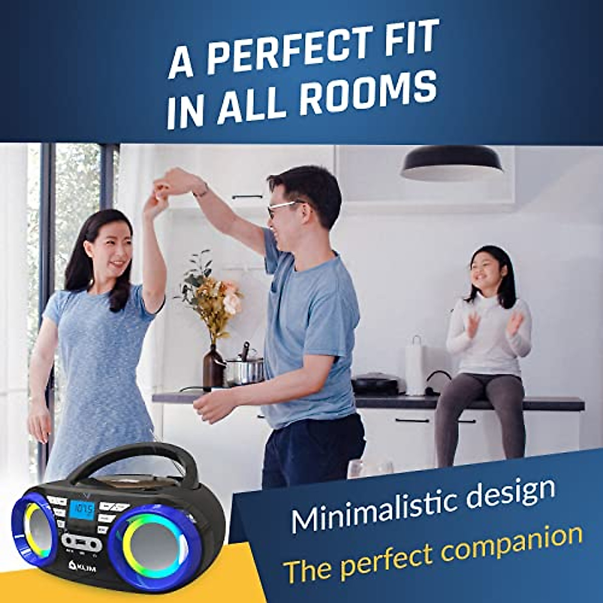 KLIM B3 Portable CD Player - New 2023 - FM Radio CD MP3 Bluetooth AUX USB RGB Lights - CD Boombox - Wired and Wireless Mode with Rechargeable Batteries - Upgraded CD Laser Lens - Digital EQ - Blue