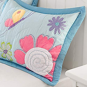 Mi Zone Kids Crazy Daisy Bedding For Girls Reversible Quilt Set - Sky Blue, Pink , Flowers, Butterfly, Polka Dots Reverse – Ultra Soft Microfiber Coverlet, Twin 3 Piece