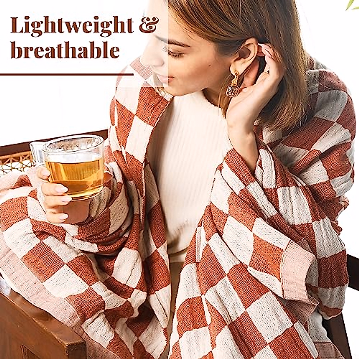 Folkulture 100% Cotton Throw Blanket, Rust Checks, 50x60in, Soft, Lightweight, Travel, Napping, All Seasons, Machine Wash
