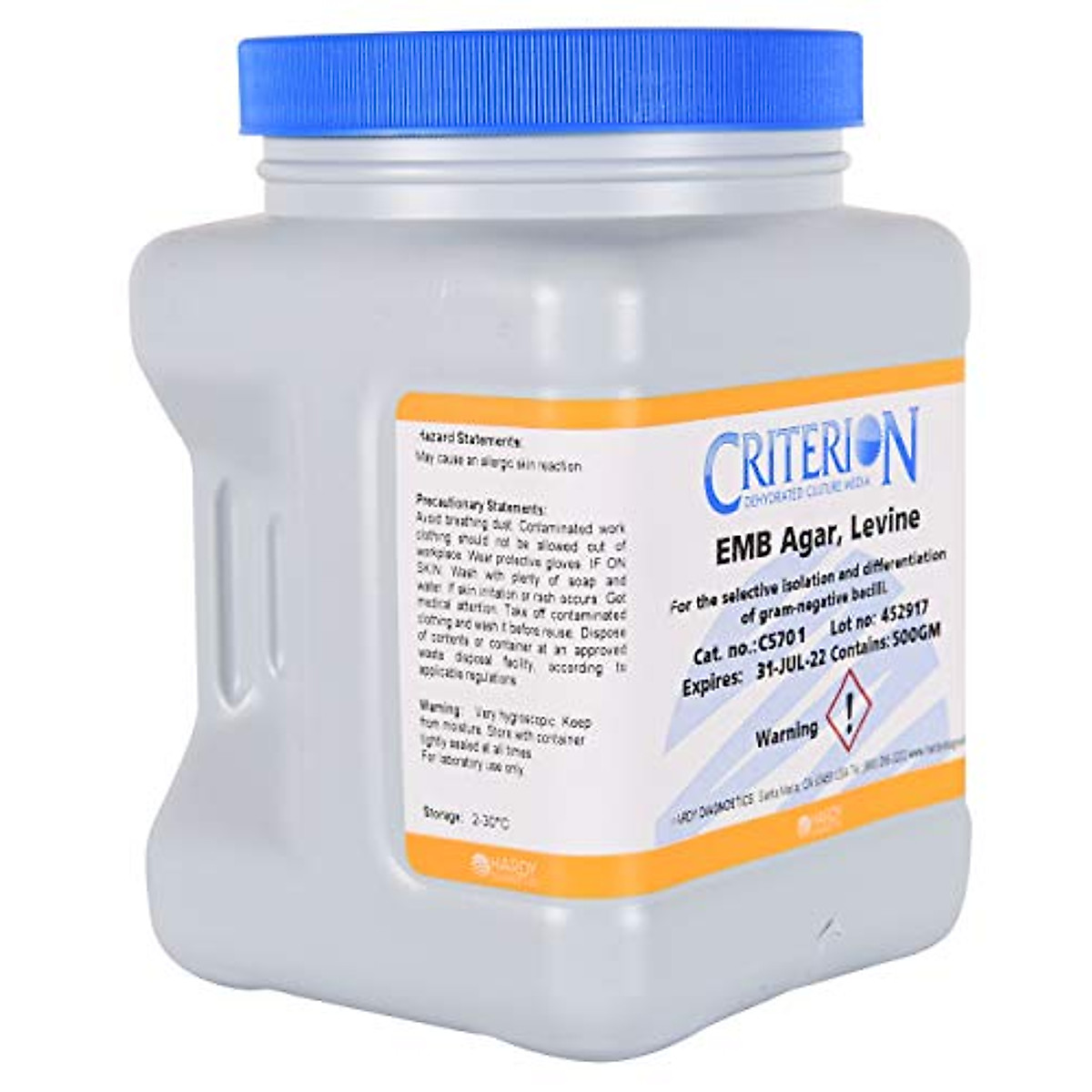 EMB Agar, Levine, Criterion Dehydrated Culture Media, 500gm Wide-Mouth Bottle, by Hardy Diagnostics