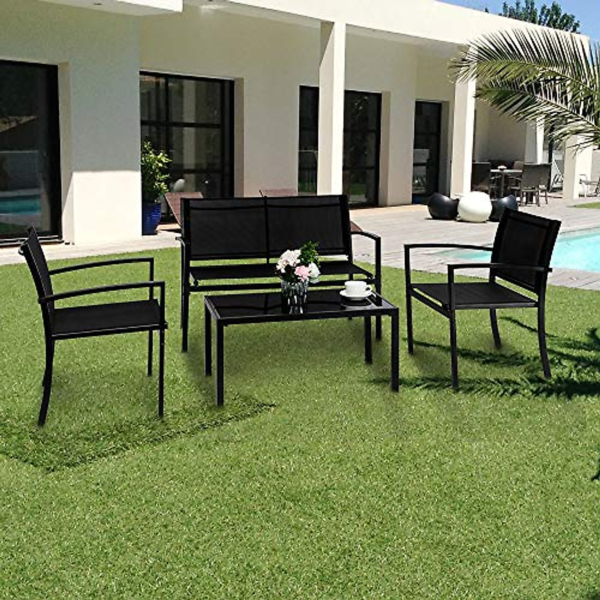 VINGLI 4 Pieces Patio Conversation Set Patio Furniture Set with Loveseat and Coffee Table, Outdoor Sofa Garden Lawn,Patio Chairs for Poolside Porch (Black)