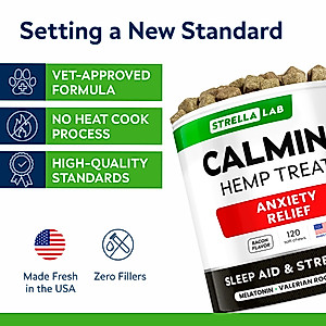 STRELLALAB Vet Formulated Hemp Calming Chews for Dogs - Anxiety Relief Calming Treats - Advanced Melatonin Pet Calm - Natural Sleep Aid & Stress, Separation Anxiety Relief - 120 Treats - Bacon