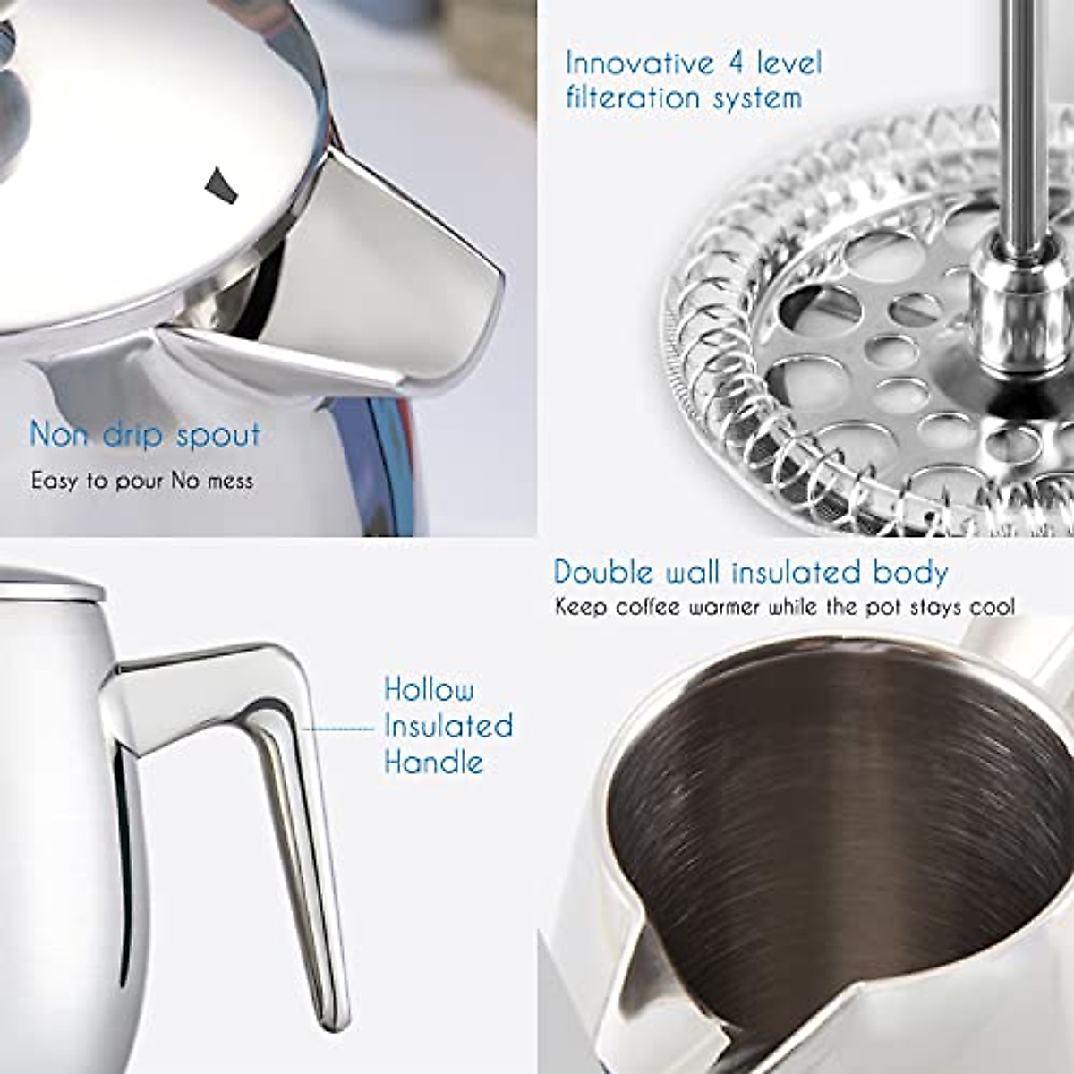 Easyworkz Nando French Press 23 oz Double Wall Insulated Thermal Coffee Maker,304 Stainless Steel Cafetiere