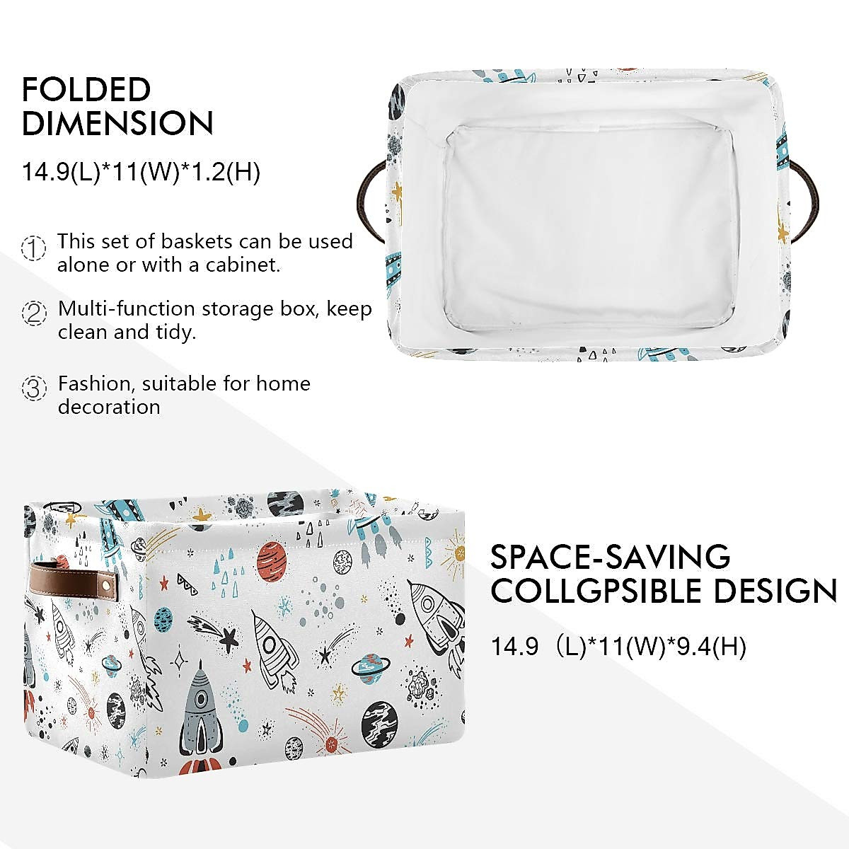 Storage Basket Cube Large Collapsible Toys Storage Box Bin Laundry Organizer for Closet Shelf Nursery Kids Bedroom,15x11x9.5 in (2 pack, Space Rocket Planet)