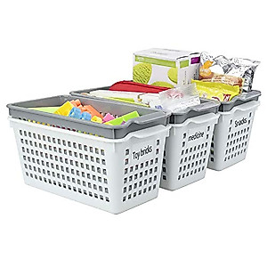 Rinboat Plastic Storage Basket, Deep Baskets, Grey and White, 6 Packs