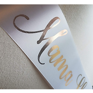 Amy's Bubbling Boutique Mama Llama Baby Shower Sash for Mom to Be White & Rose Gold with Adjustable Rhinestone Safety Pin