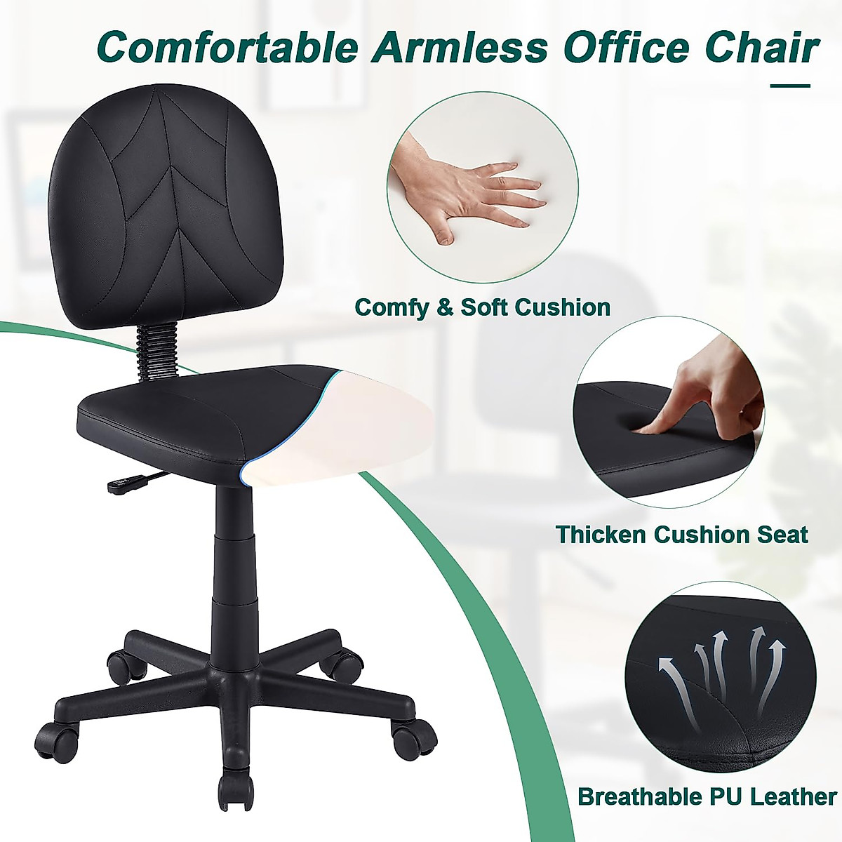 VECELO Small Desk Chair Set of 2, Home Office Chairs Low-Backrest Armless Cushion Seat PU Leather with Adjustable Height 360°Quiet Swivels for Home Office,Black