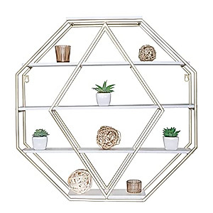 Sheffield Home Decorative Octagonal Metal and Wood Floating Shelf, Gold and White