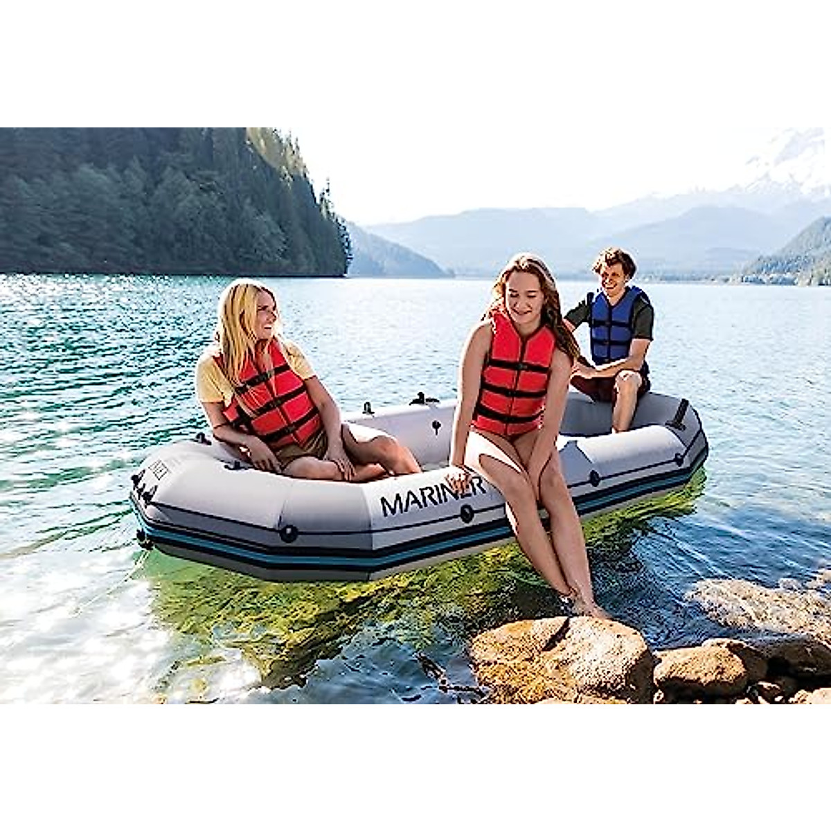 INTEX 68376EP Mariner 4 Inflatable Boat Set: Includes Deluxe 54in Aluminum Oars and High-Output Pump – SuperTough PVC – Inflatable Thwart Seats – 4-Person – 1100lb Weight Capacity