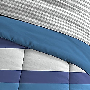 Dream Factory Kids 5-Piece Complete Bed Set Easy-Wash Super Soft Microfiber Comforter Bedding, Twin, Blue Rugby Stripe, (2D872701BL)