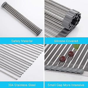 SunCleanse 17.8"×11.8" Roll-Up Dish Drying Rack, Over Sink Dish Drying Rack Drainer, Multi-Use Stainless Steel Foldable Dish Rack for Kitchen Sink Countertop, Grey