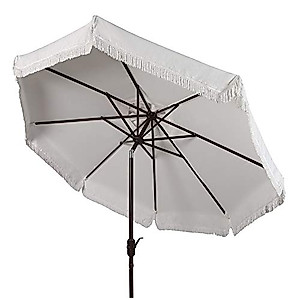 Safavieh PAT8008A Collection Milan Fringe Navy and White 9Ft Crank Outdoor Push Button Tilt Umbrella