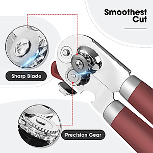 Can Opener Manual, Can Opener with Magnet, Hand Can Opener with Sharp Blade Smooth Edge, Handheld Can Openers with Big Effort-Saving Knob, Can Opener with Multifunctional Bottles Opener, Red